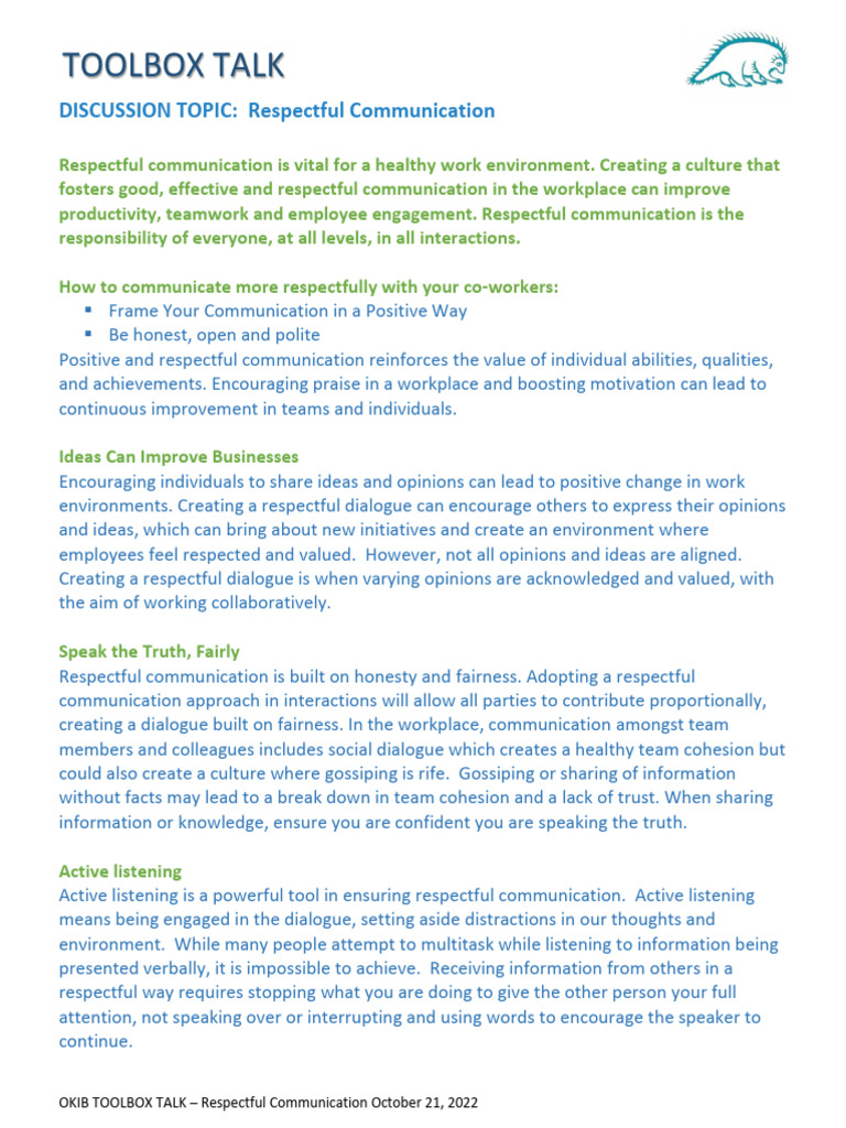 TOOL BOX MEETING Respectful Communication | PDF | Nonverbal ...