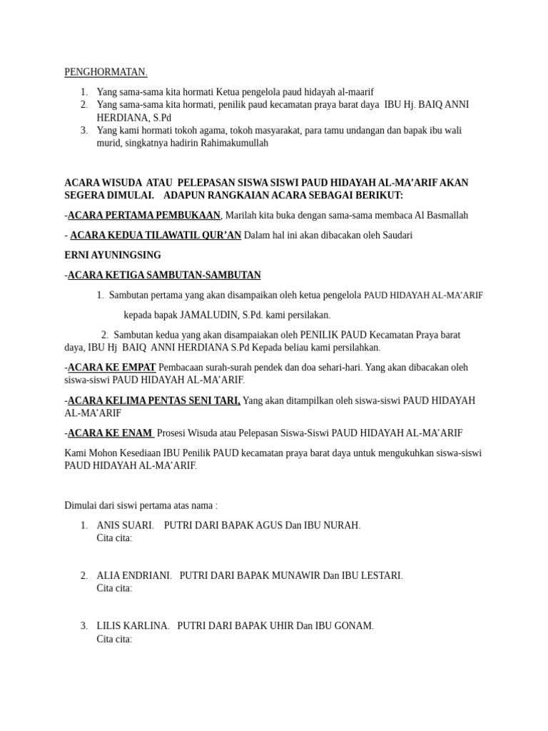 Susunan Acara Wisuda Paud | PDF