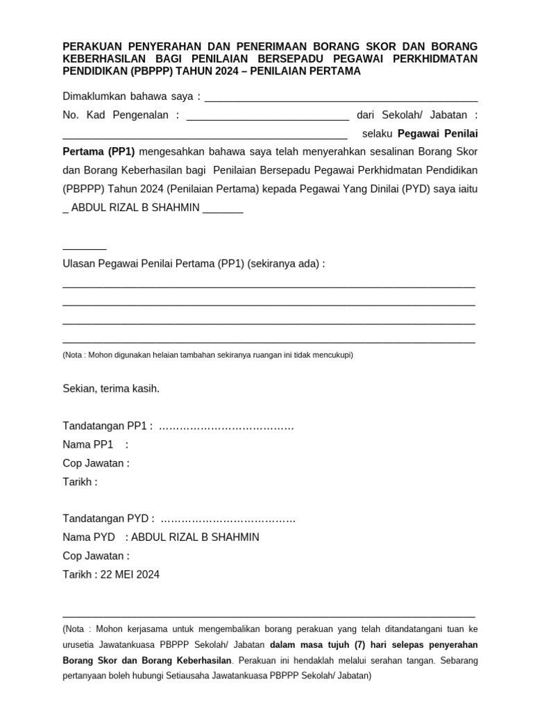 BORANG PBPPP-Penilaian Pertama | PDF