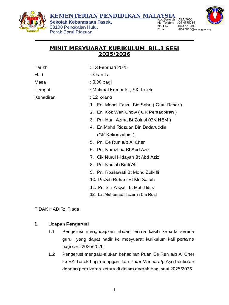 Minit Mesy - Kurikulum Bil 1 2025 | PDF