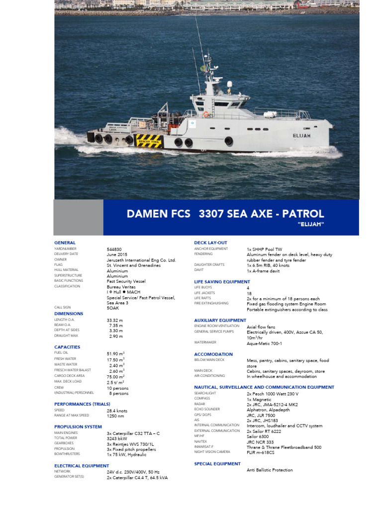 MV Elijah Specifications Overview | PDF | Deck (Ship) | Water Transport
