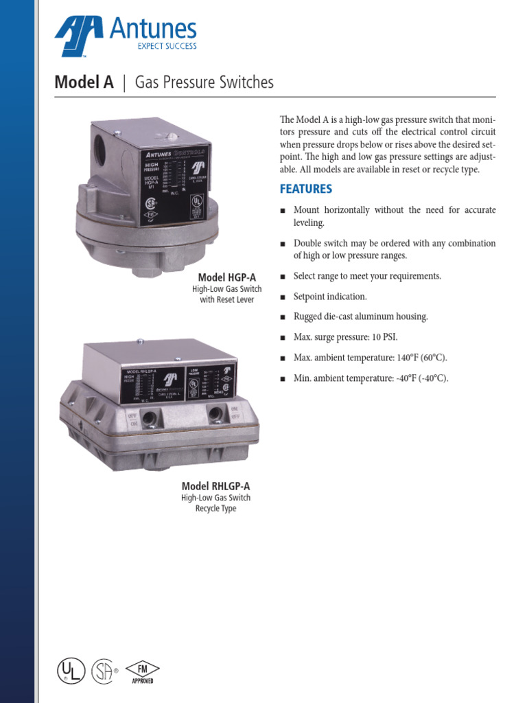 High-Low Gas Pressure Switch Model A | PDF | Switch | Gases