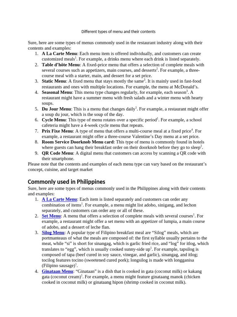 Different Types of Menu and Their Contents | PDF | Menu | Food And Drink