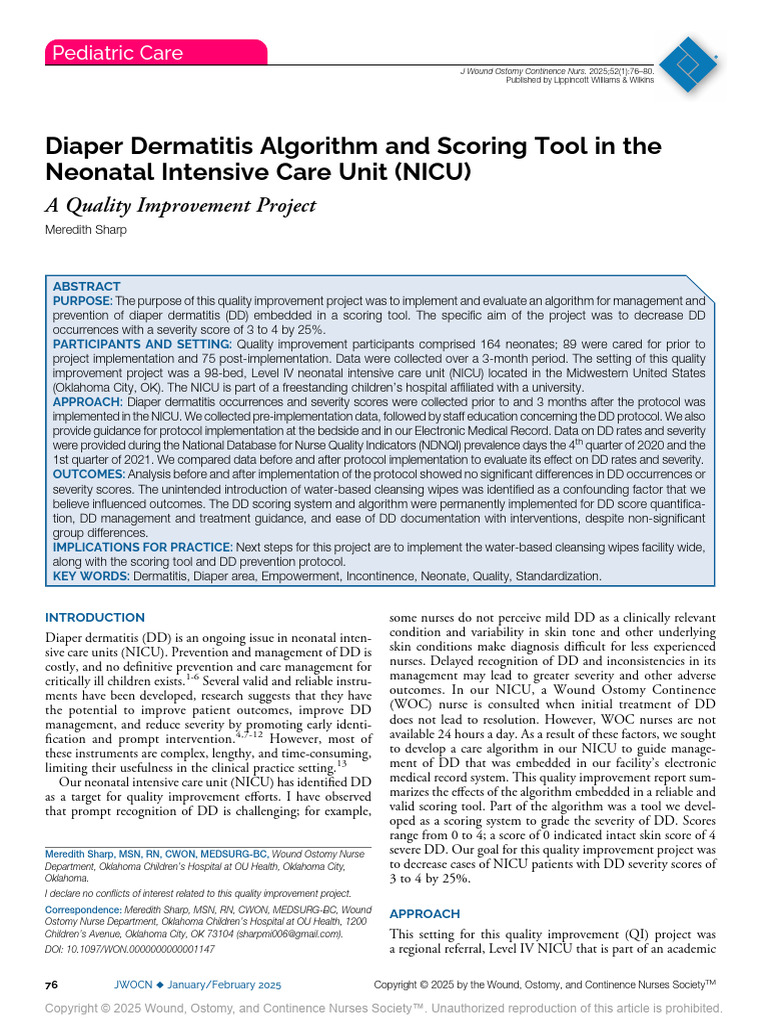 Diaper Dermatitis Algorithm and Scoring Tool in The Neonatal Intensive ...
