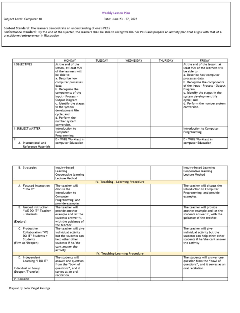 Computer 10 Week 1 Lesson Plan | PDF | Lesson Plan | Procedural Knowledge