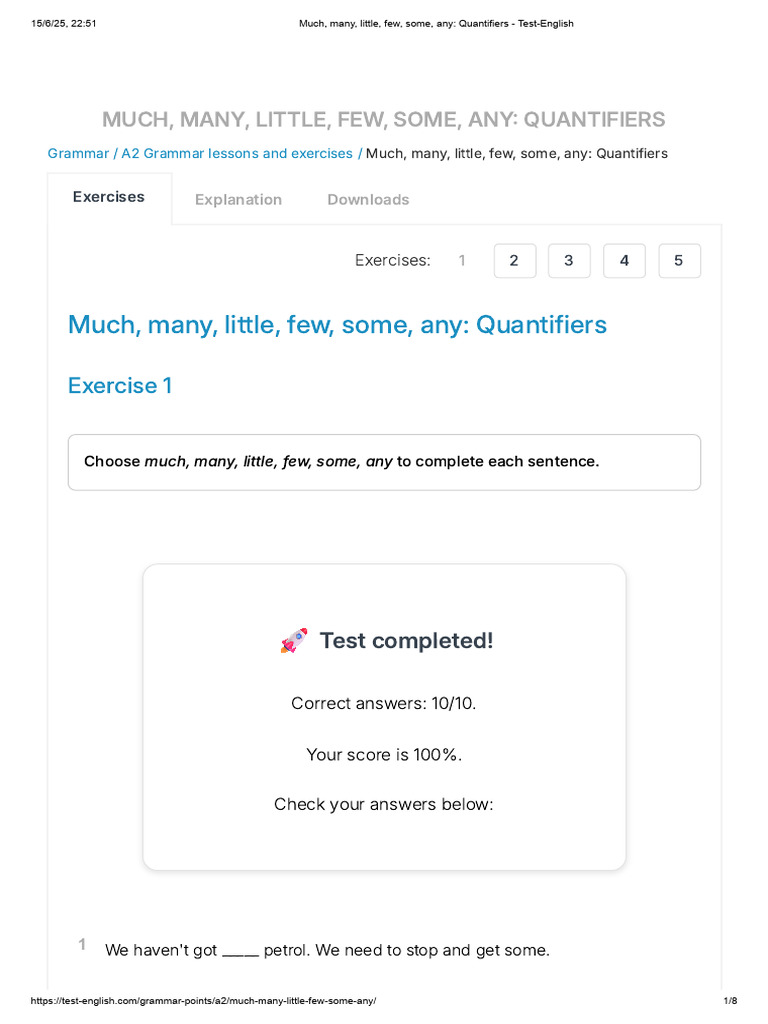 Much, Many, Little, Few, Some, Any - Quantifiers - Test-English | PDF ...