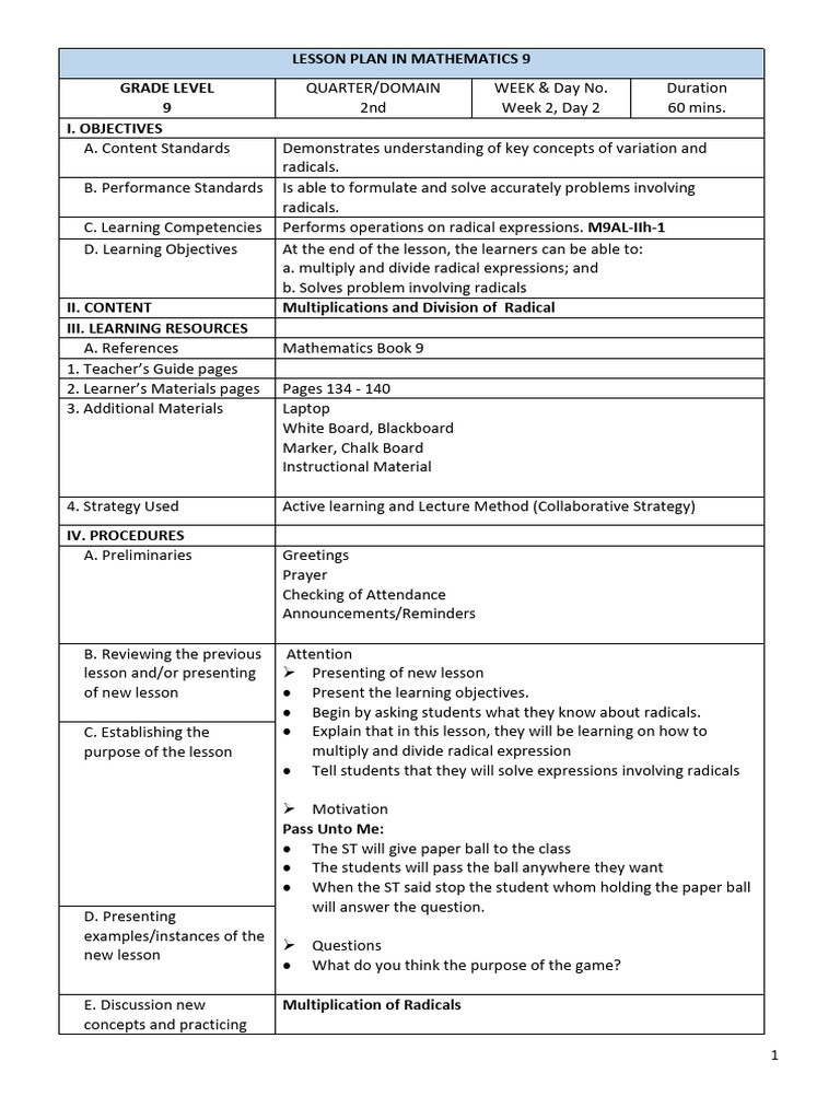 Semi Detailed Lesson Plan - Math 9 | PDF | Multiplication | Mathematics