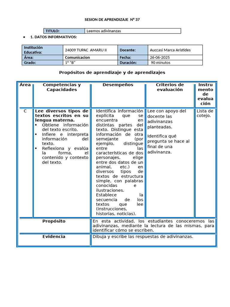 Sesion Comunic Leemos Adivinanzas | PDF | Aprendizaje | Información