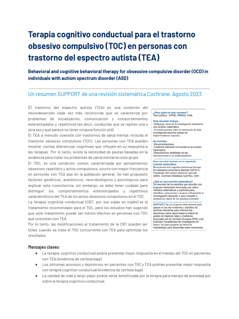 III - Terapia Cognitivo Conductual para El Trastorno Obsesivo Compulsivo (TOC) en Personas Con ...