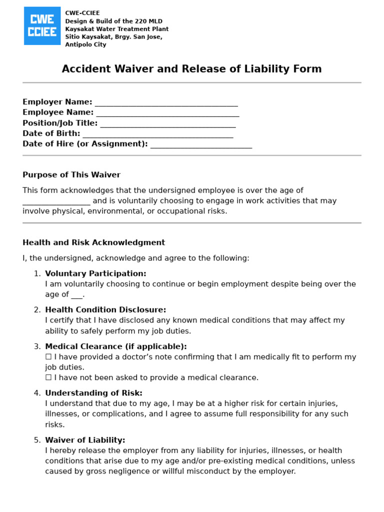 Accident Waiver and Release of Liability Form | PDF | Legal Liability ...