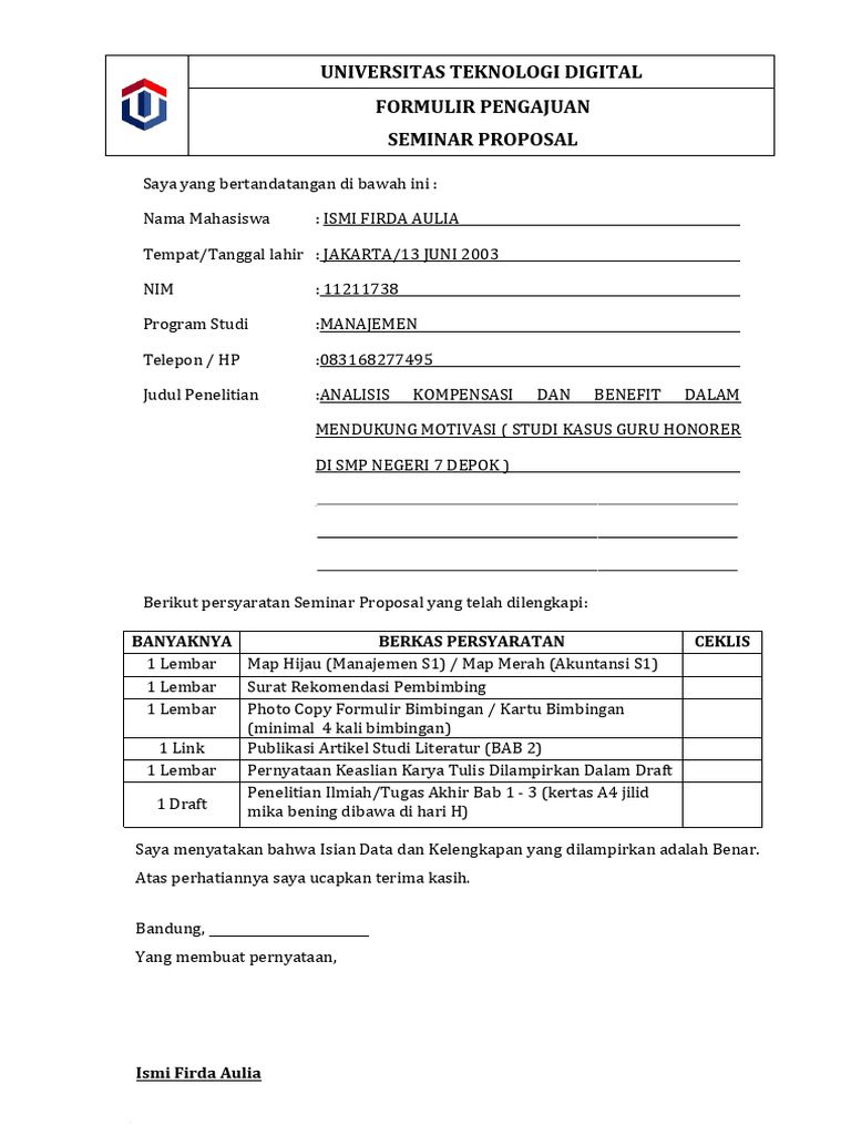 Formulir Pengajuan Seminar Proposal - S1 | PDF