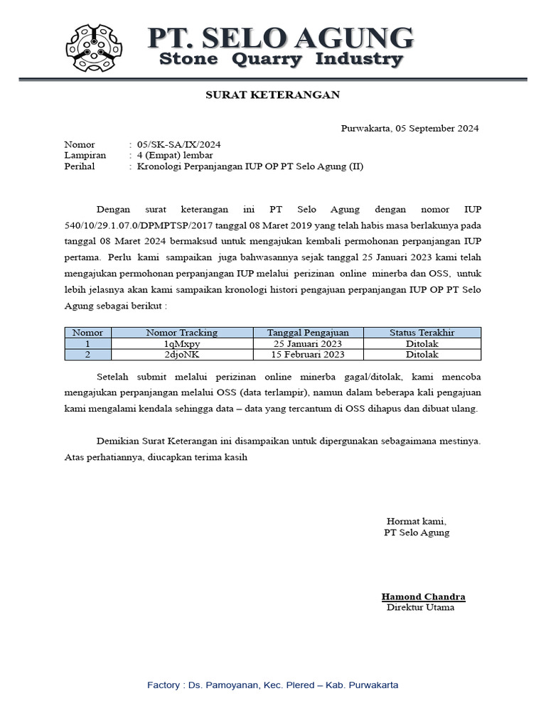 Perpanjangan IUP OP PT Selo Agung | PDF