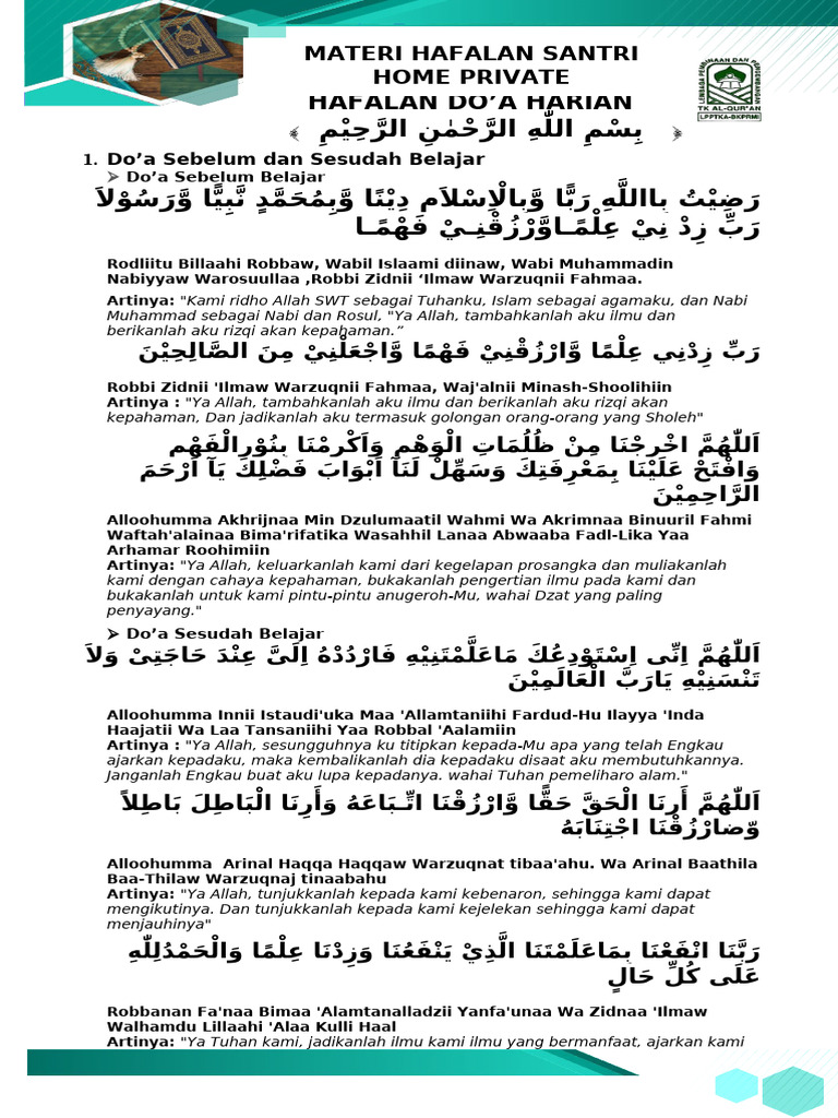 Materi Hafalan Do'a Harian Santri | PDF