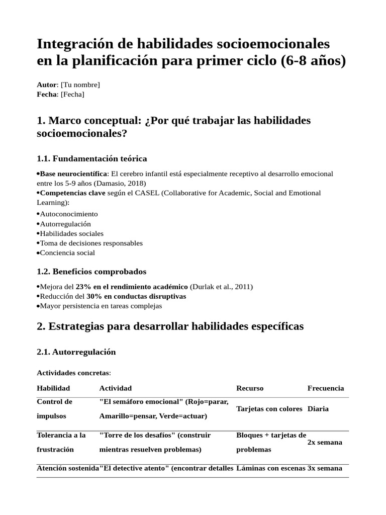 Integración de Habilidades Socioemocionales en La Planificación para Primer Ciclo (6-8 Años ...