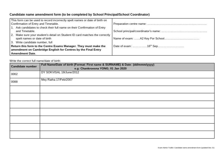 Candidate Name Amendment Form | PDF