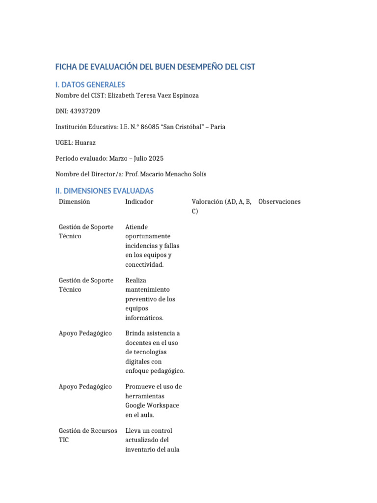 Ficha Evaluacion CIST | PDF | Informática