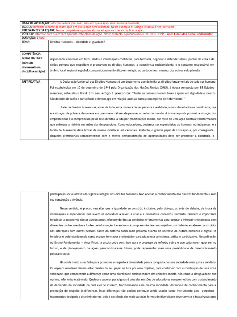 PLANO DE ACAO - Modelo Preenchido | PDF | Sociologia | Direitos Humanos
