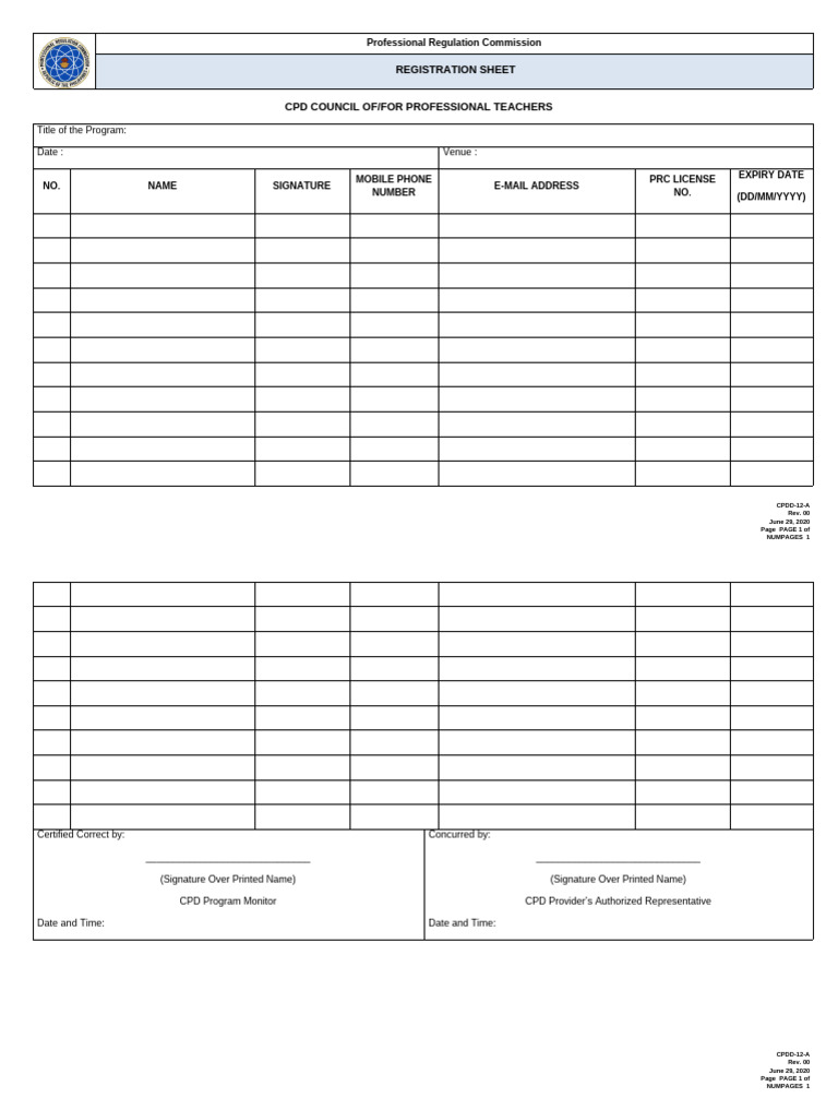 PRC Registration Sheet for Teachers | PDF