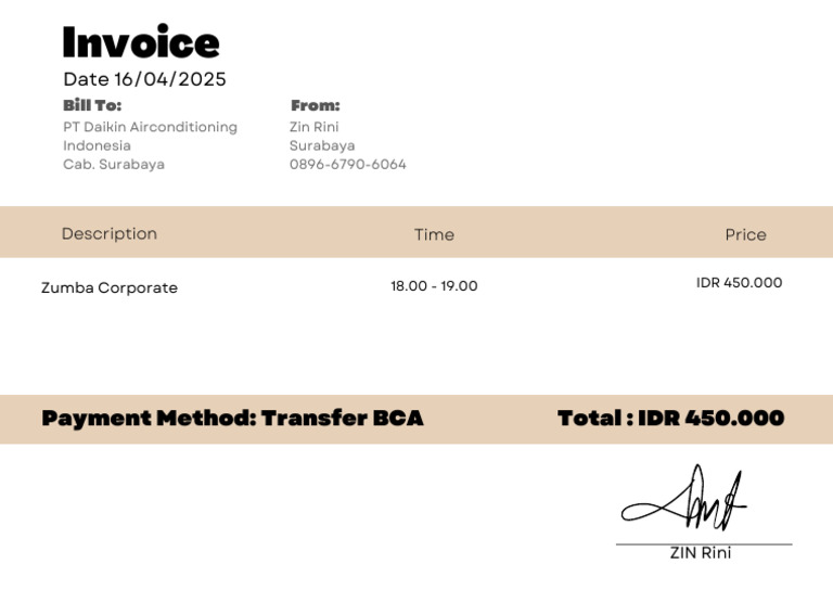 Invoice Zumba 16 April | PDF
