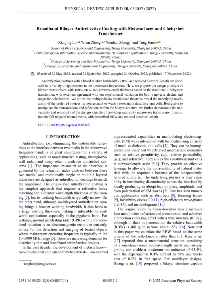 Broadband Bilayer Antireflective Coating With Metasurfaces and Chebyshev Transforme | PDF ...