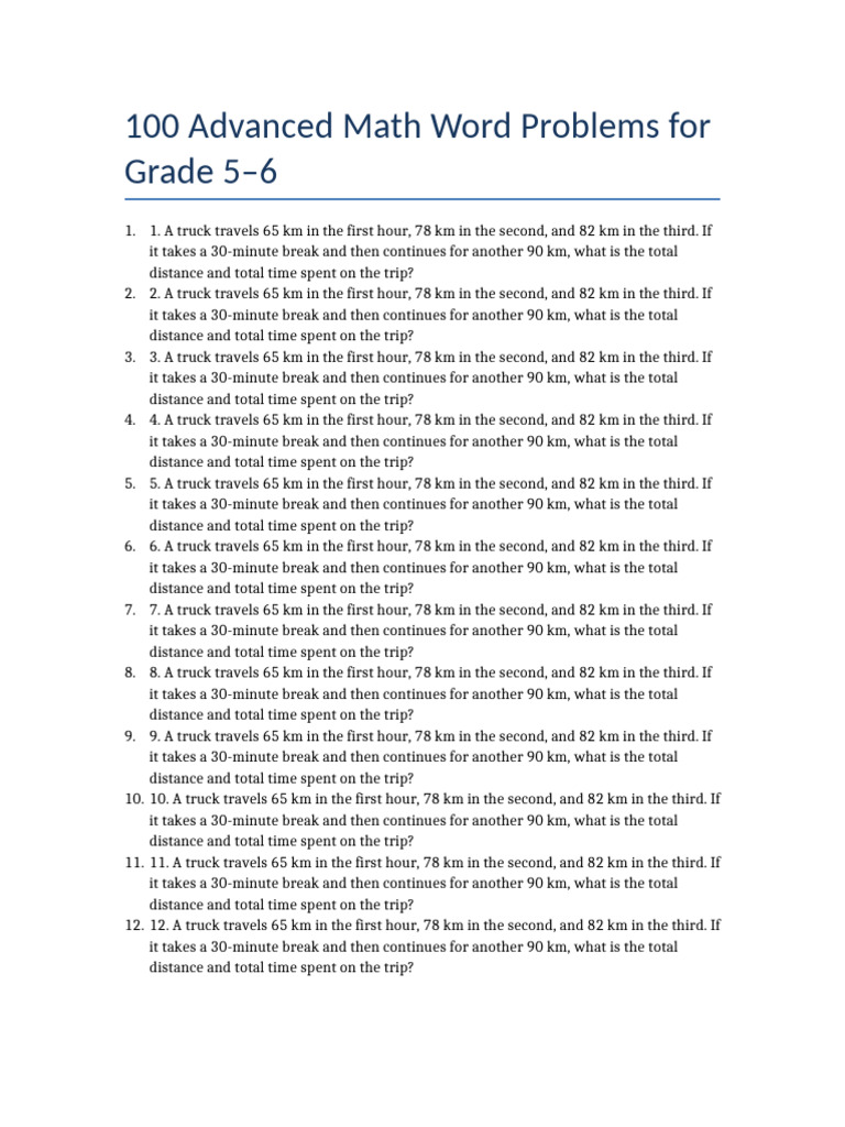 100 Advanced Math Word Problems Grade5-6 | PDF | Volume | Length