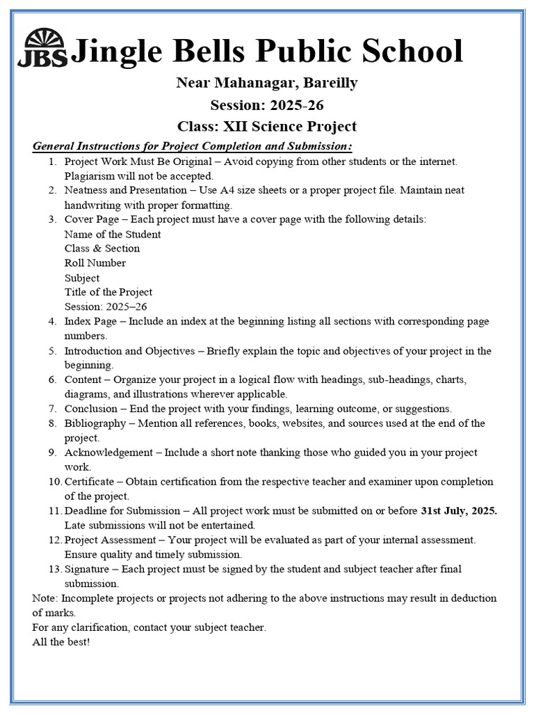 Class XII Science Project Guidelines | PDF