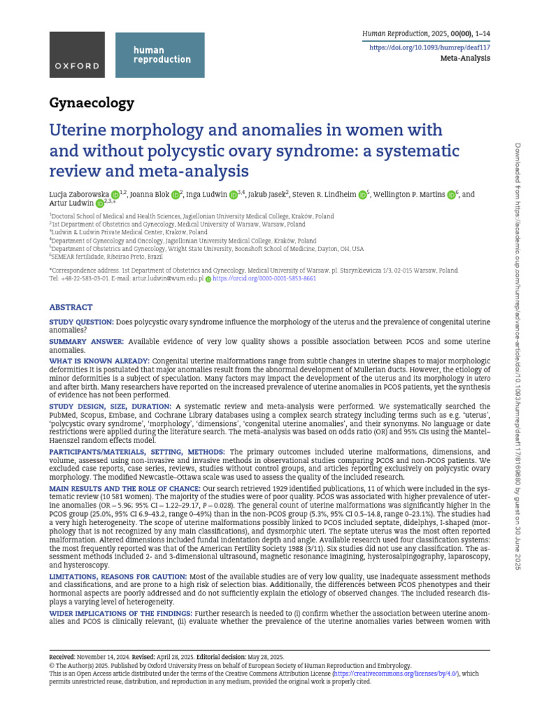 Uterine Morphology and Anomalies in Women With and Without Polycystic ...