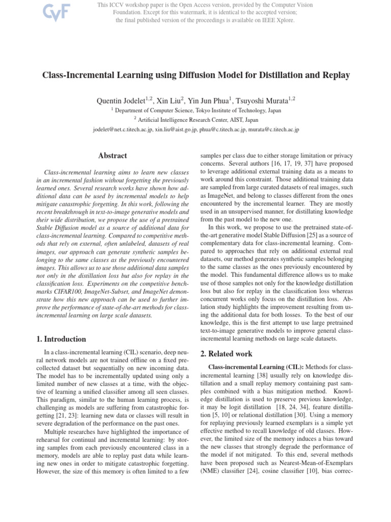 Class Incremental Learning Using Diffusion Model For Distillation and Replay ICCV WS 2023 | PDF ...