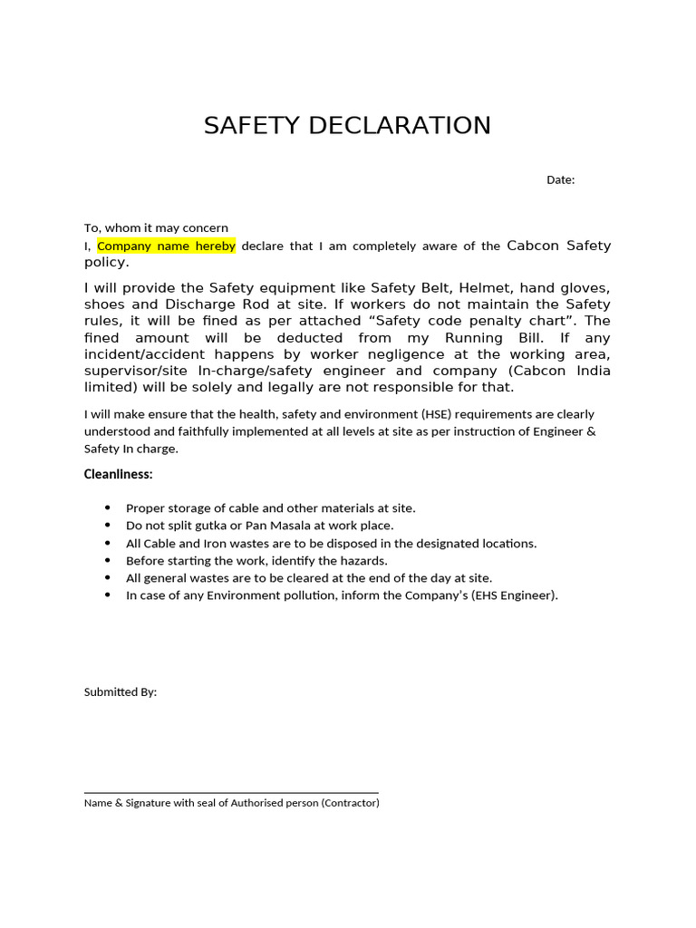 Contractor Enviornmental Declaration Letter | PDF