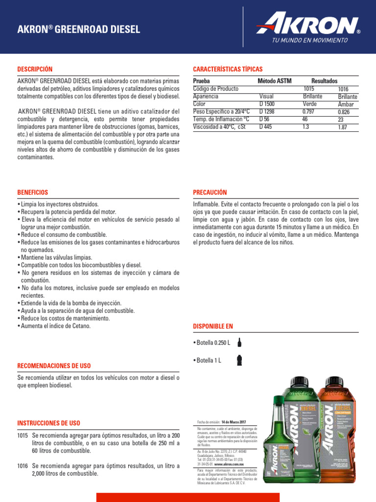 Aditivo Akron para Diesel Ecológico | PDF | Combustible diesel | Biodiésel