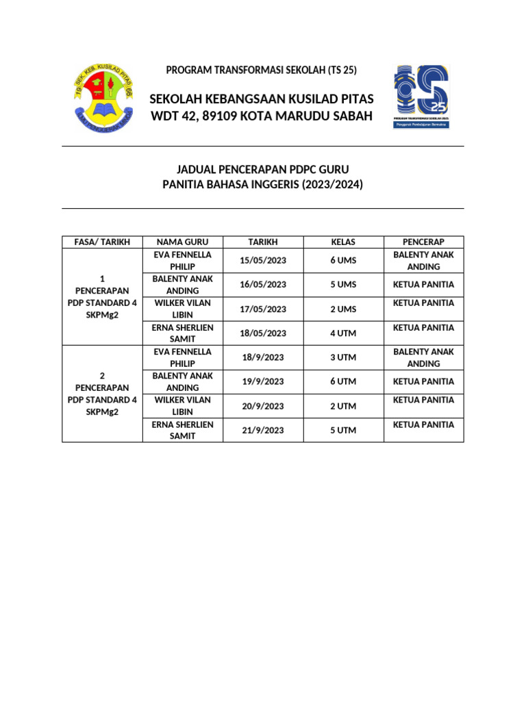 Jadual Pencerapan PDPC Guru | PDF