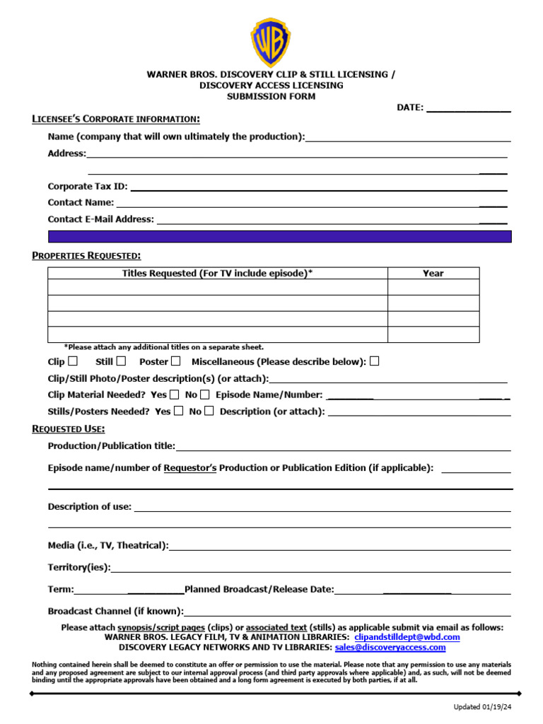Licensing Submission Form 2024 WBD | PDF | Entertainment Companies Of ...