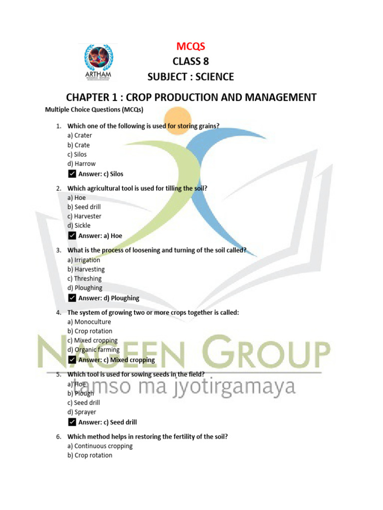 Class 8 Science Mcqs CH 1 Crop Production and Management | PDF | Crop Rotation | Teachers