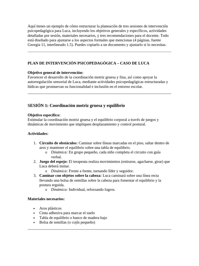 Aquí Tienes Un Ejemplo de Cómo Estructurar La Planeación de Tres Sesiones de Intervención ...
