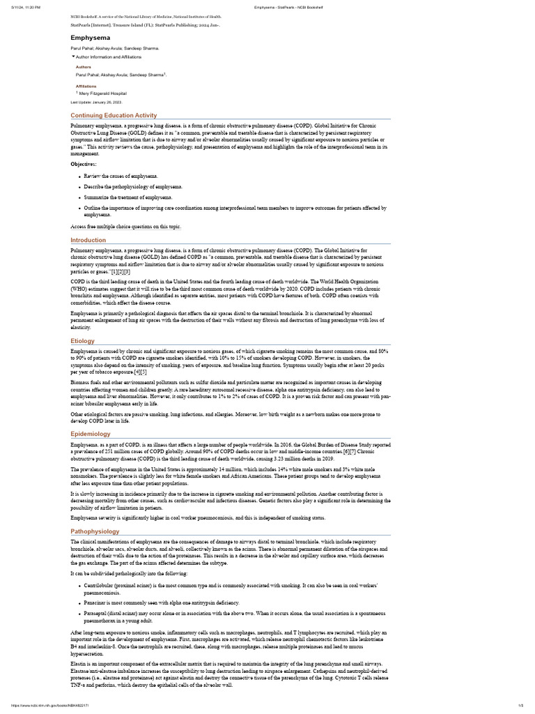 Emphysema - StatPearls - NCBI Bookshelf | PDF | Chronic Obstructive ...