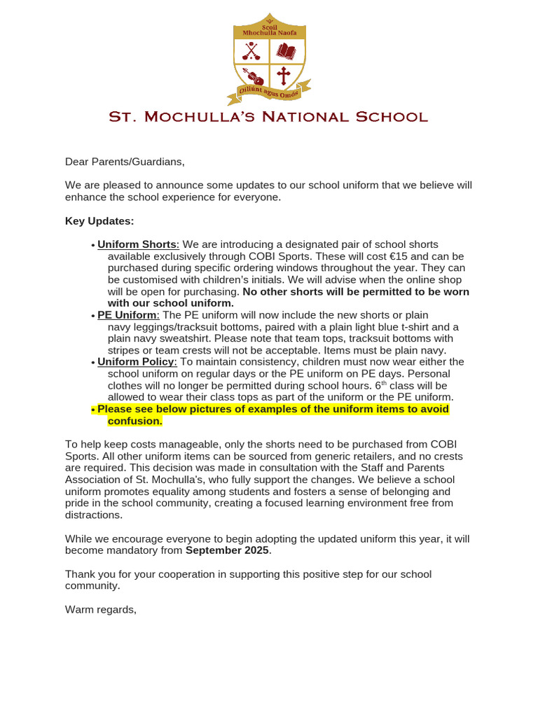 Parents Letter School Uniform | PDF