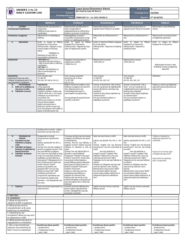 DLL - Filipino 4 - Q3 - W3 | PDF