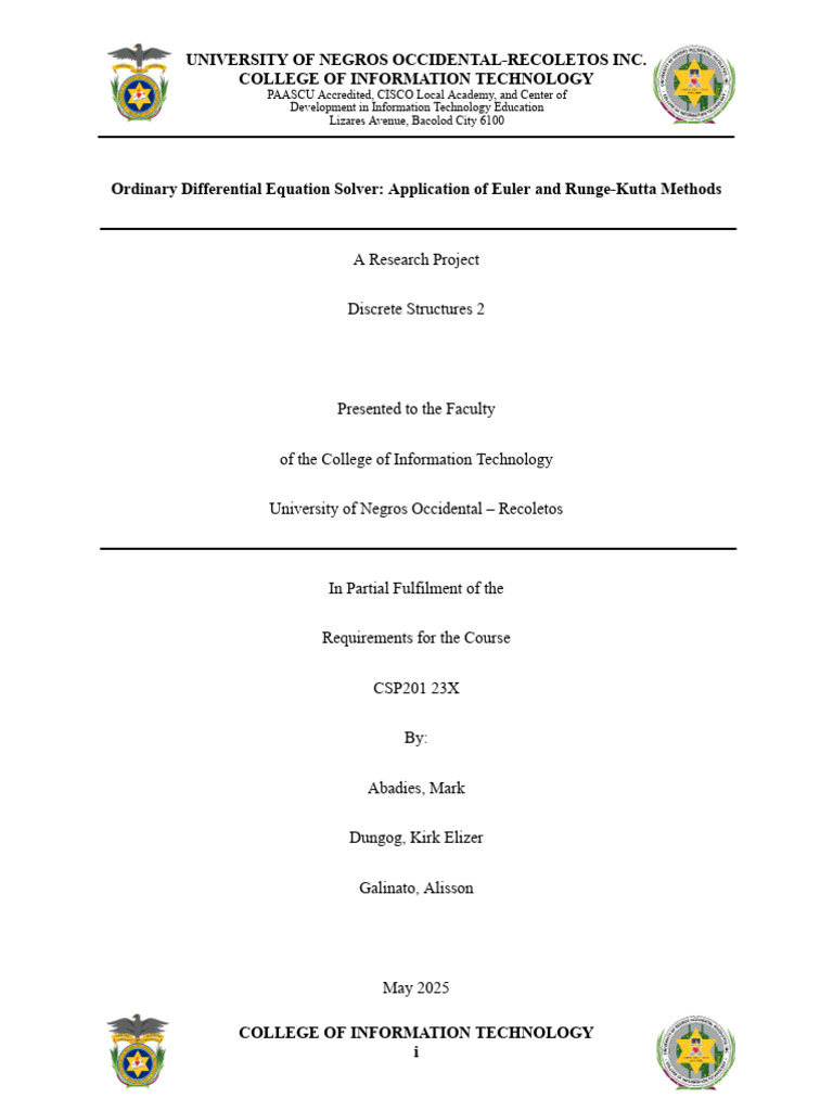 Ordinary Differential Equation Solver: Application of Euler and Runge-Kutta Methods | PDF ...