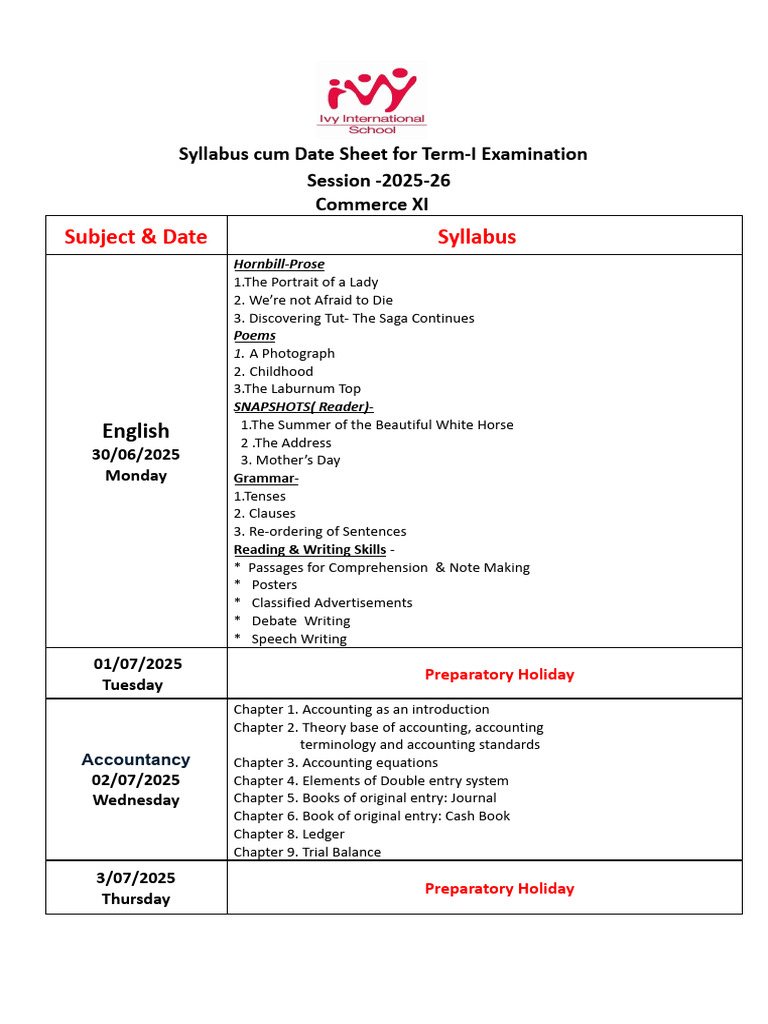 Grade-XI Commerce Term-I Syllabus Cum Date Sheet | PDF | Economics | Statistics