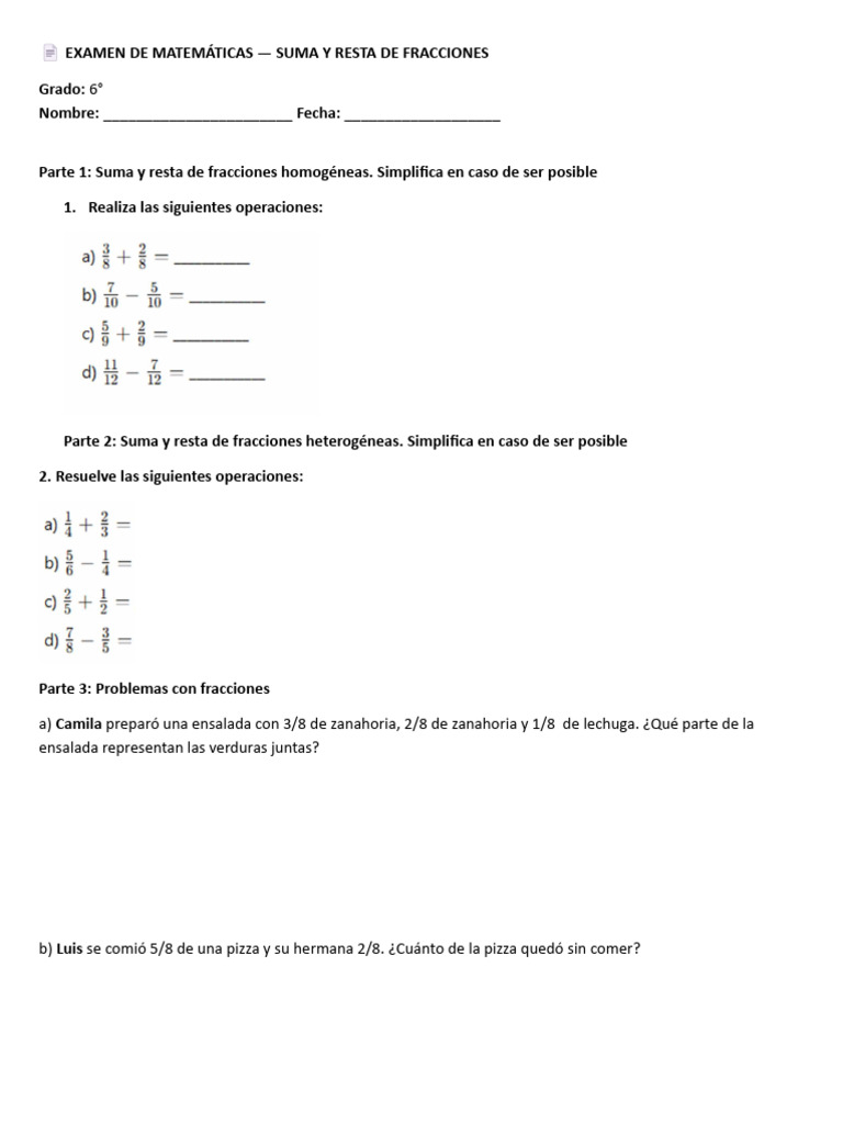 Examen de Suma y Resta de Fracciones | PDF