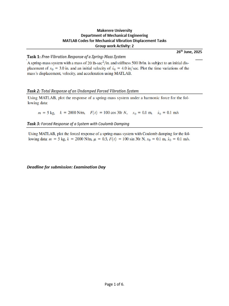 MPE 442 - Group Work Activity No 2 - Single Degree of Freedom Tasks Using Matlab | PDF