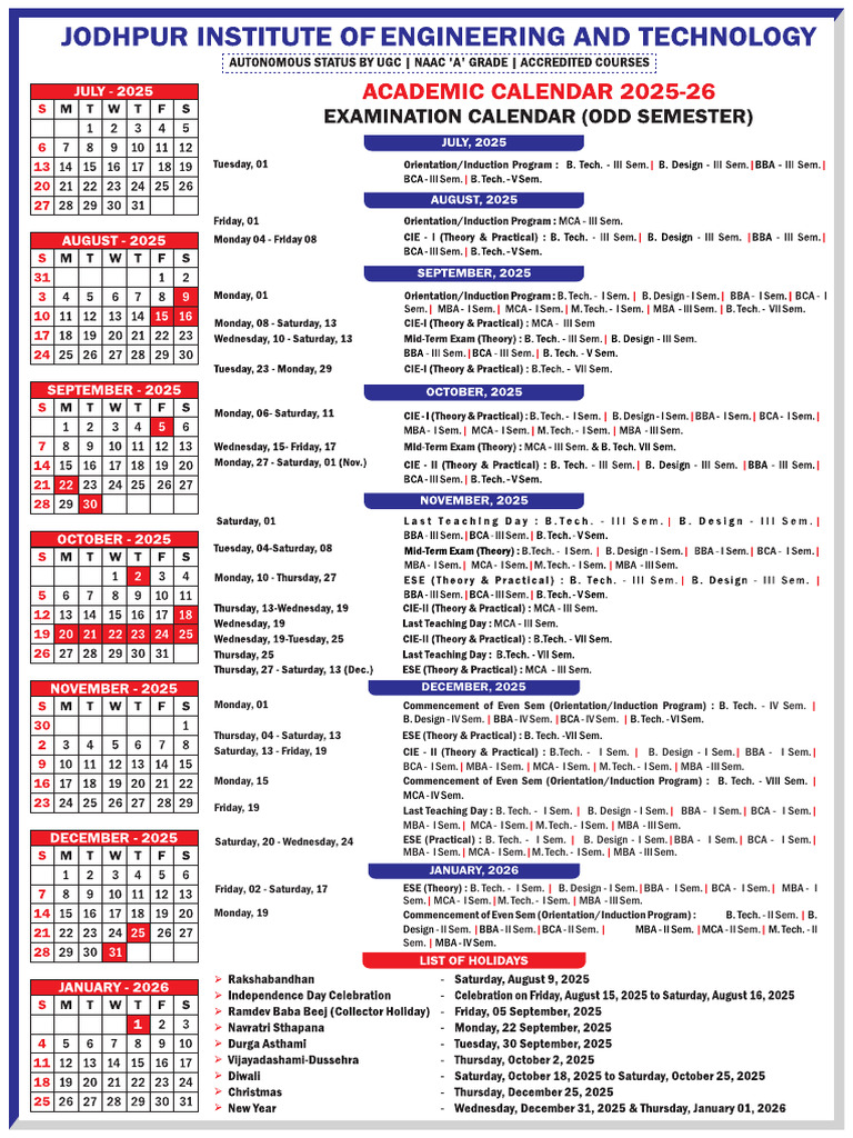 2025-26 1st Semester Exam Schedule | PDF