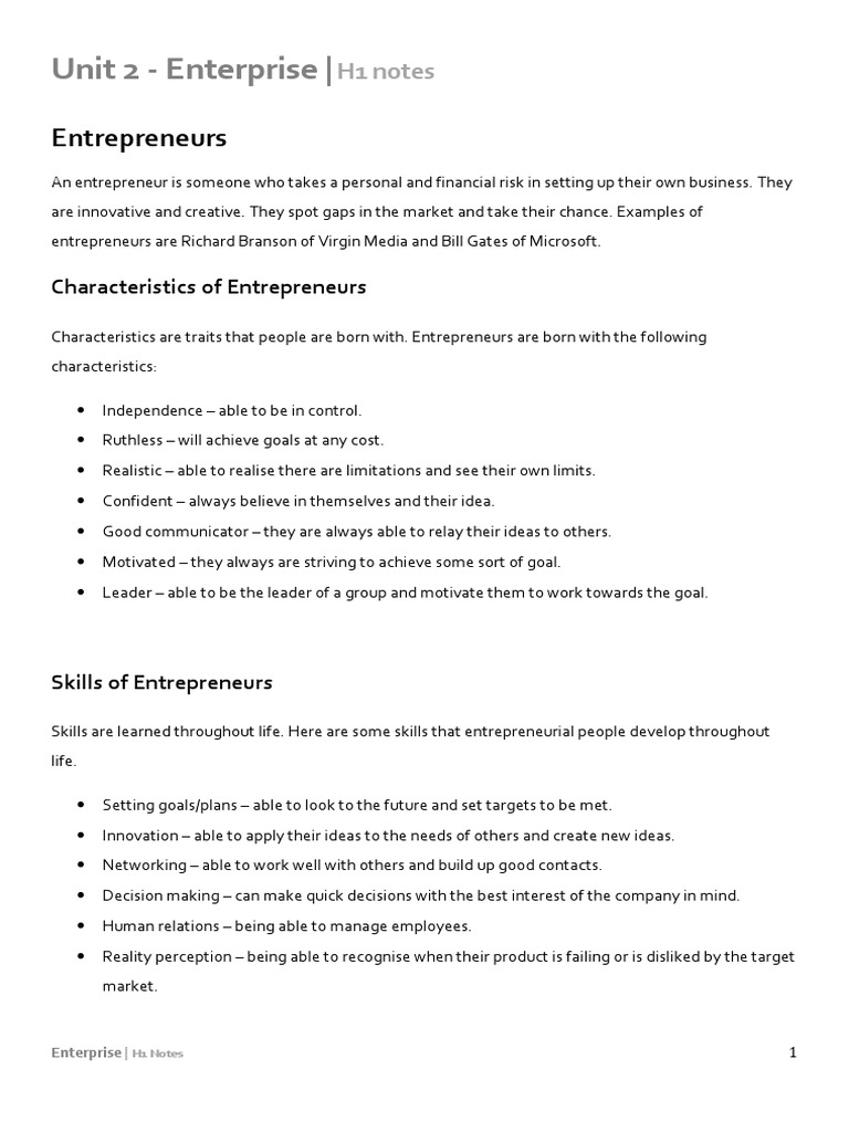 Unit 2 - Enterprise - : Entrepreneurs | PDF | Entrepreneurship | Economies