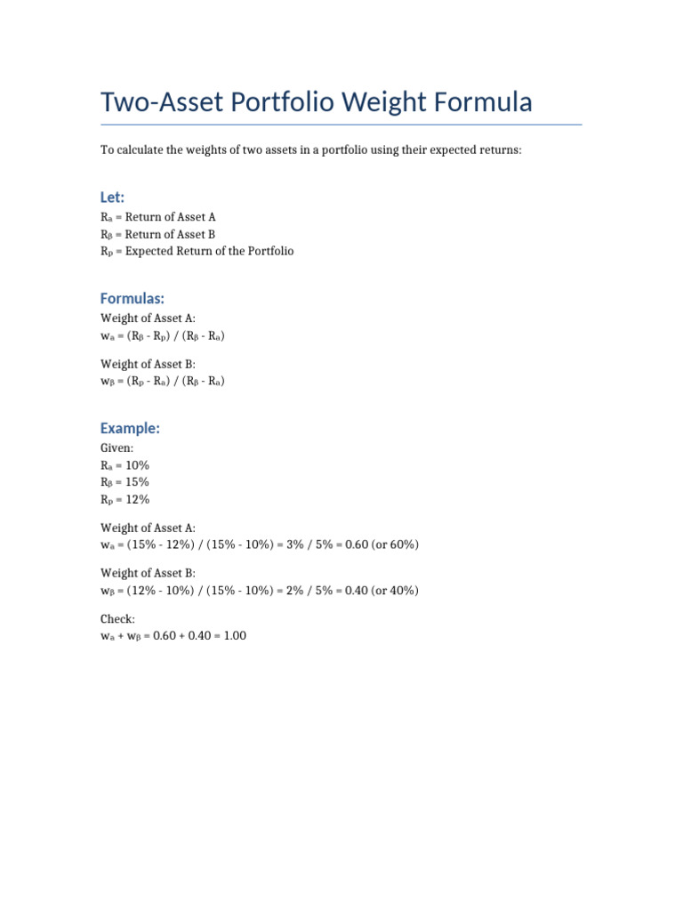 Two-Asset Portfolio Weight Calculation | PDF