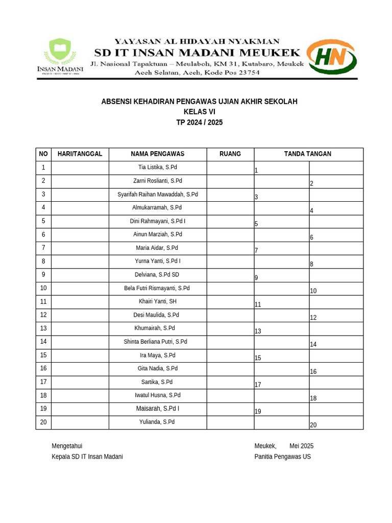 Absen Kehadiran Pengawas Ujian | PDF