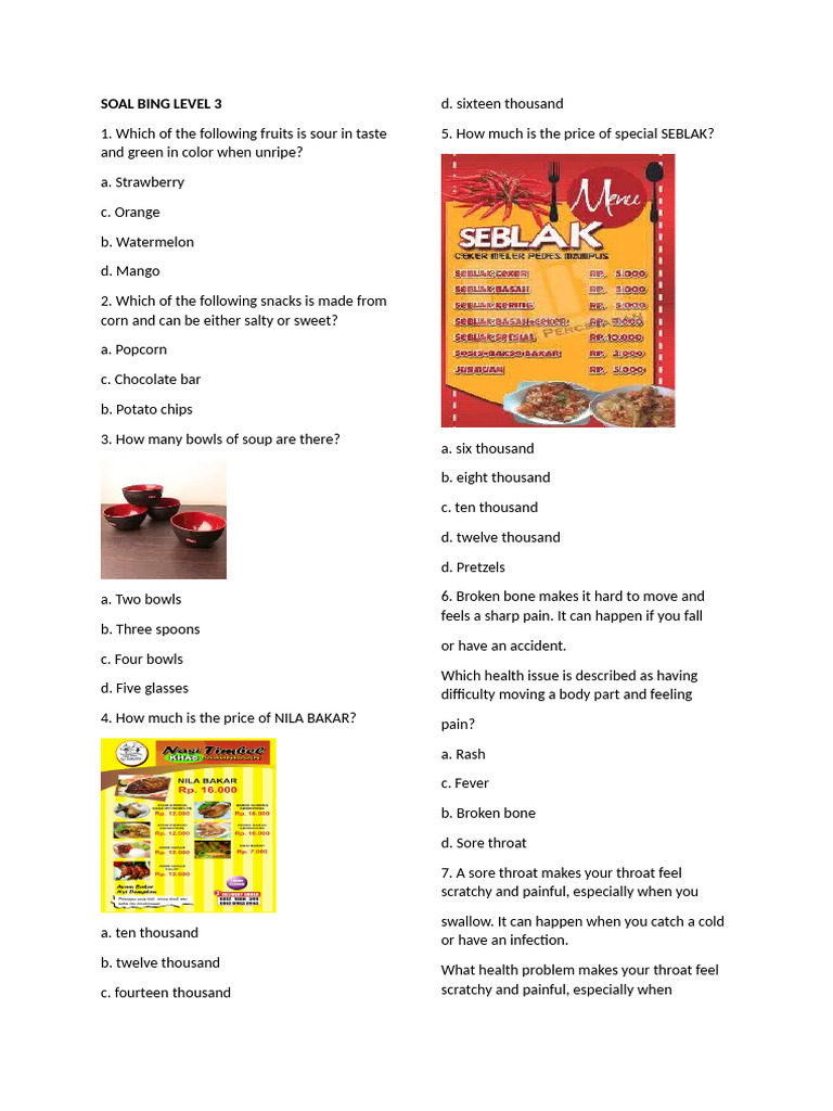 Level 3 Quiz: Fruits, Health, and More | PDF | Cuisine | Foods