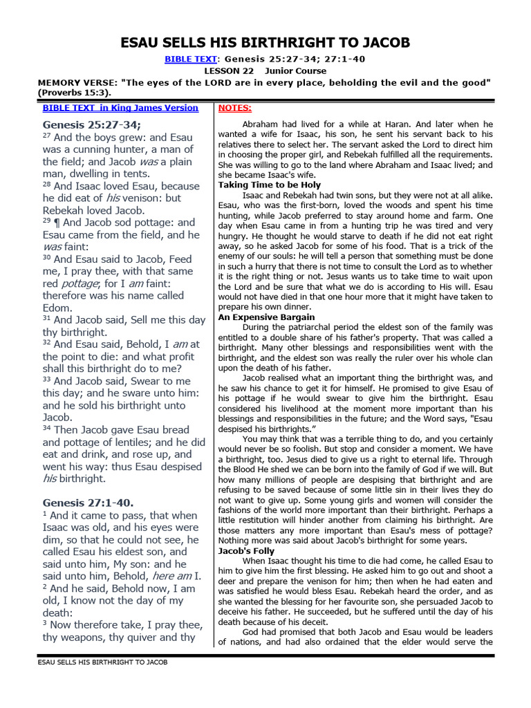 2 - 22j - Esau Sells His Birthright To Jacob | PDF | Jacob | Rebecca
