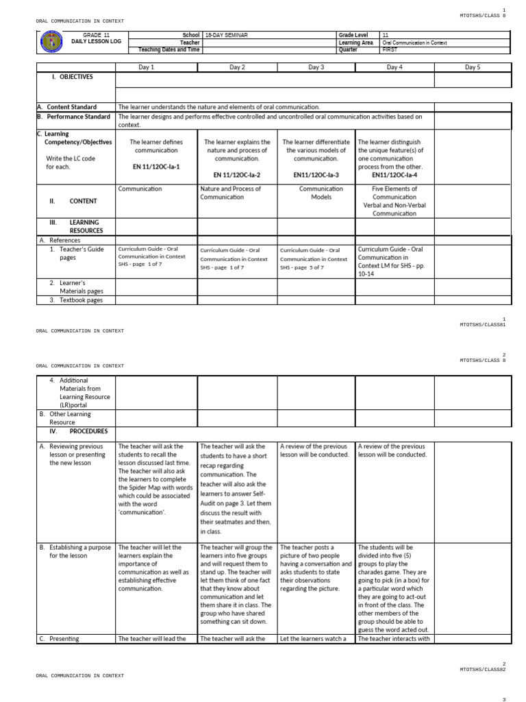 Oral Communication DLL Edited | PDF | Communication | Learning