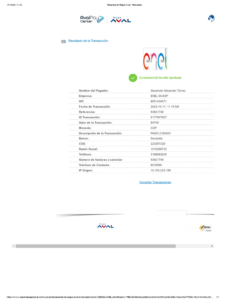 Pasarela de Pagos Aval - Resultado | PDF