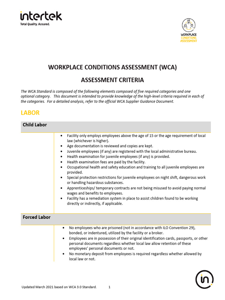 WCA 3.0 Assessment Criteria | PDF | Employment | Personal Protective Equipment